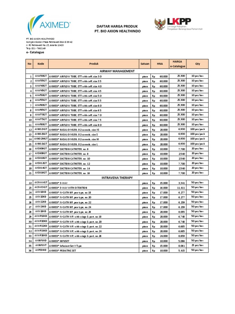 Daftar Harga Produk Pt. Bio Axion Healthindo: E-Catalogue | PDF | Hand ...