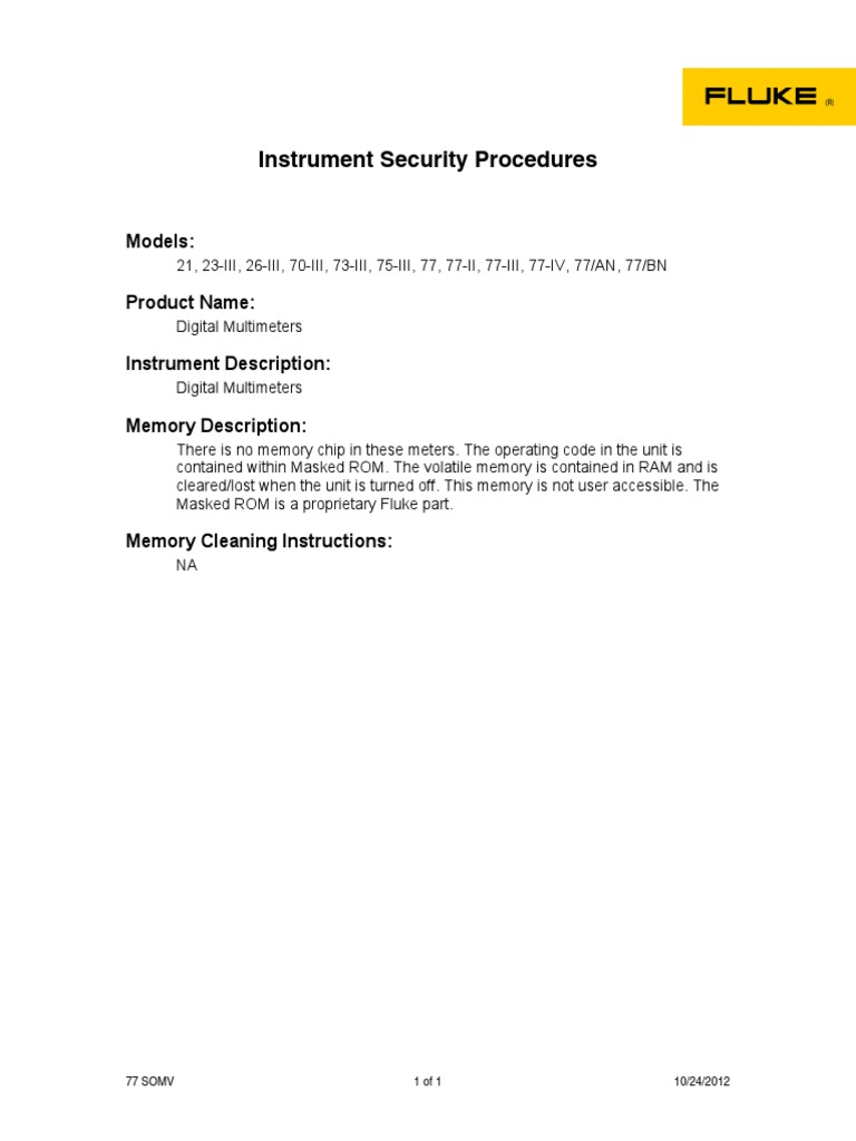 Instrument Security Procedures: Models: Product Name: Instrument Description: Memory Description ...