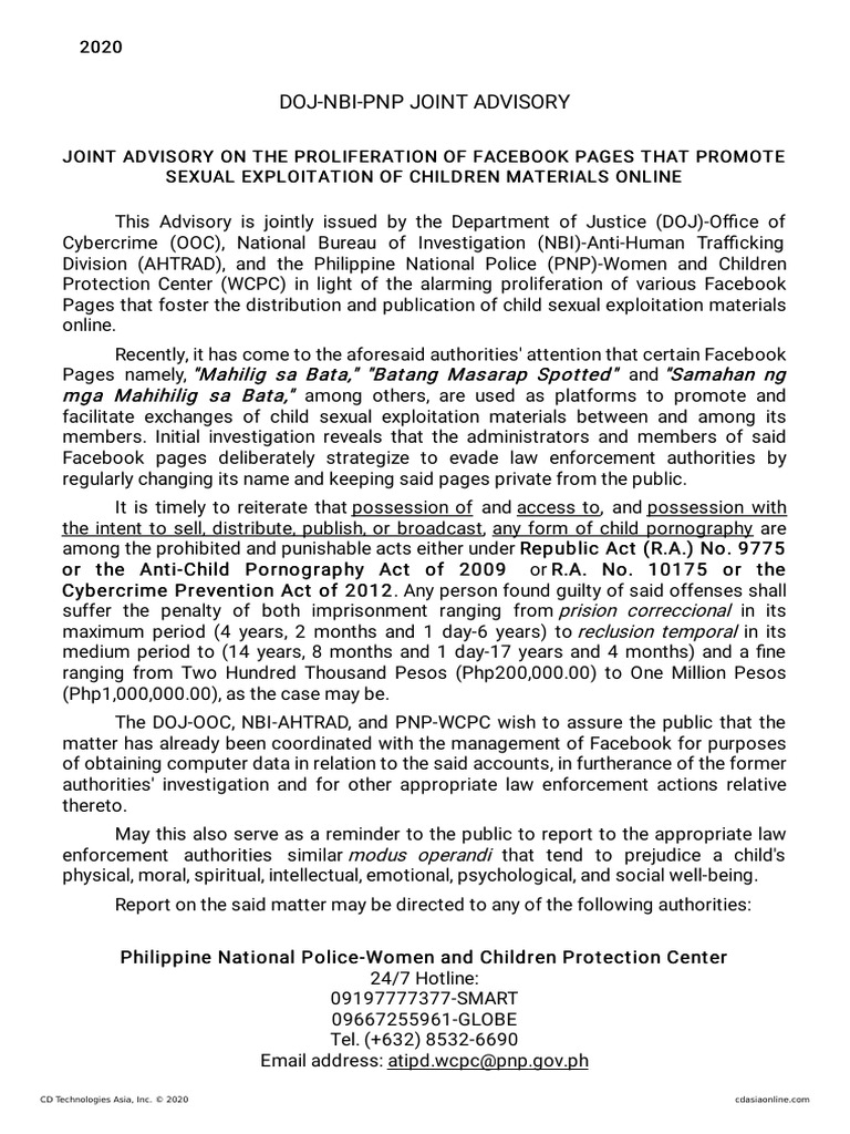 Doj-Nbi-Pnp Joint Advisory | PDF | Child Pornography | Law Enforcement