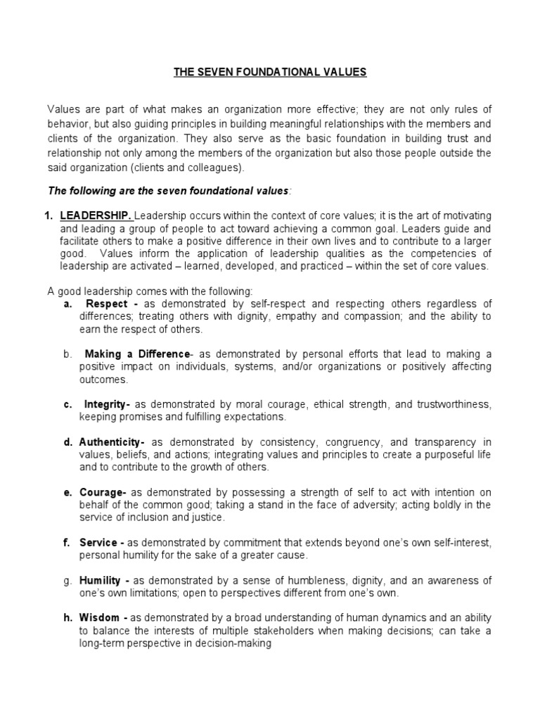 The Seven Foundational Values | PDF | Integrity | Value (Ethics)