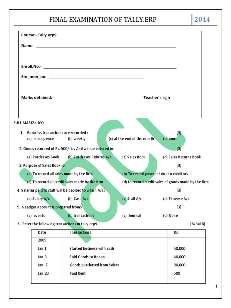 Final Examination of Tally - Erp | PDF | Financial Transaction | Debits ...