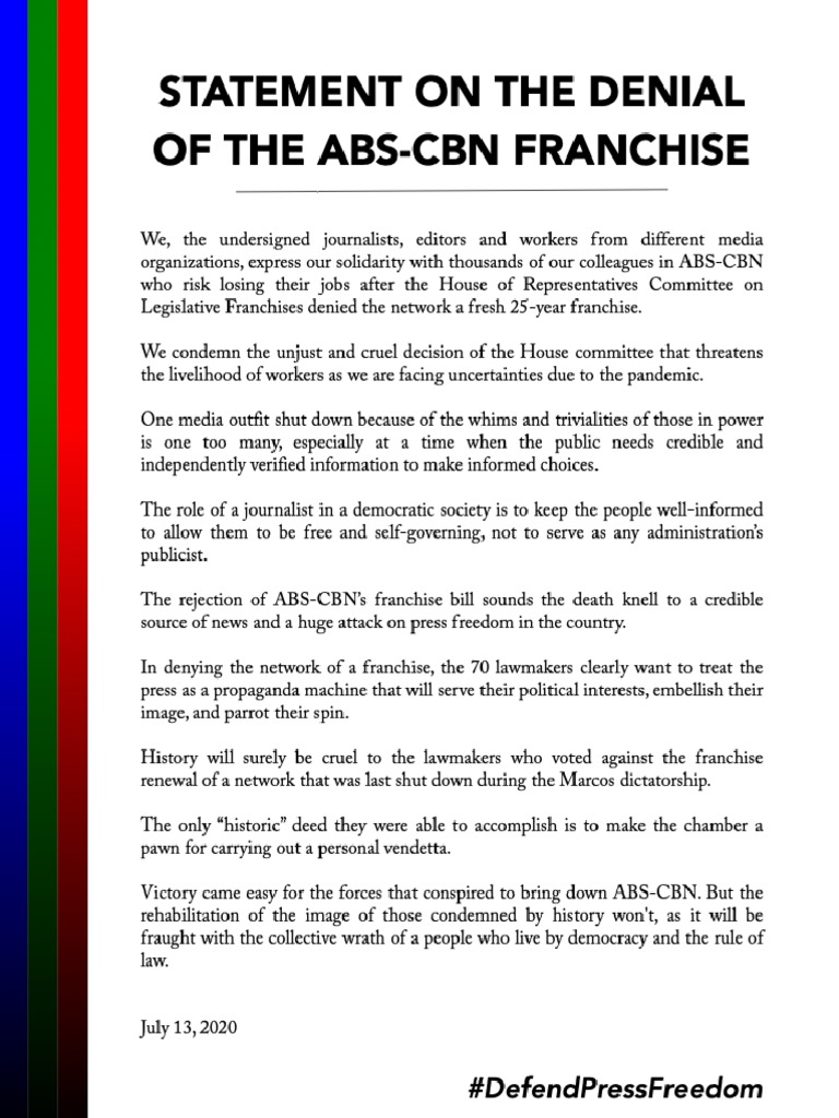 Statement of Journalists and Media Workers On ABS-CBN Franchise ...