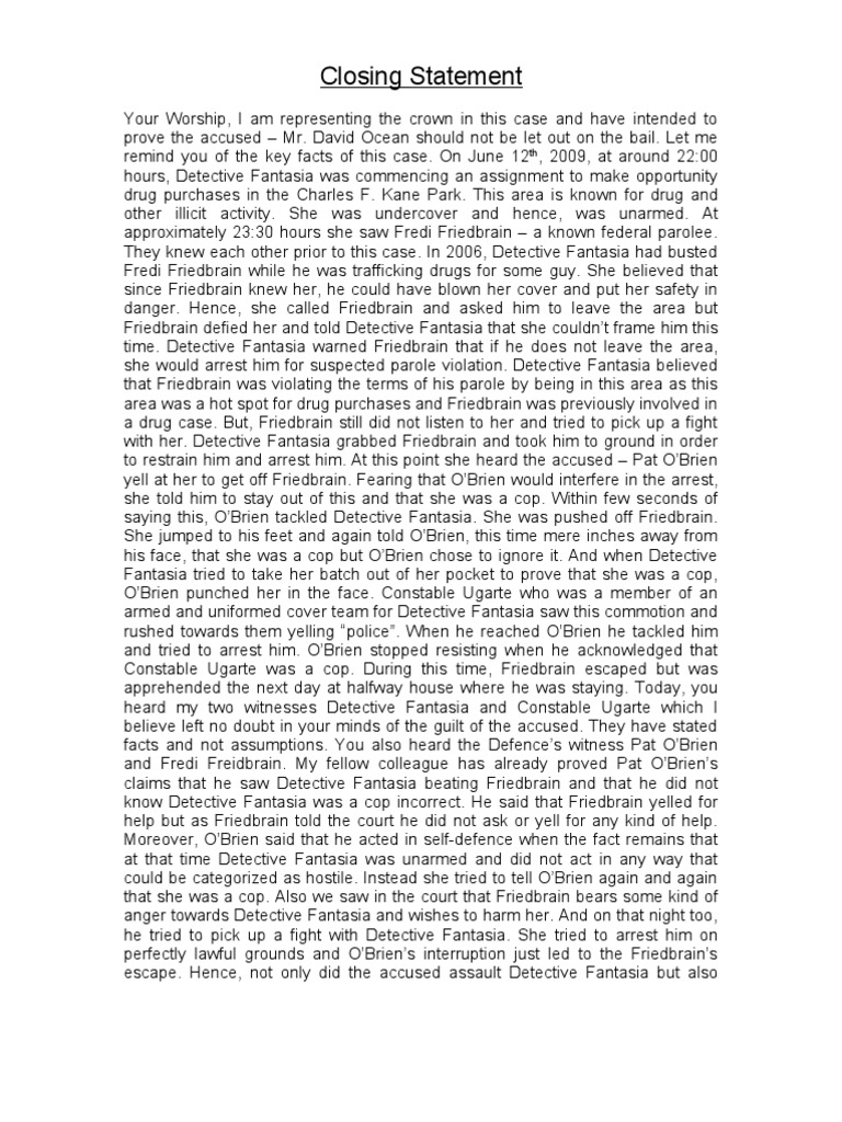 Closing Statement | PDF | Assault | Parole