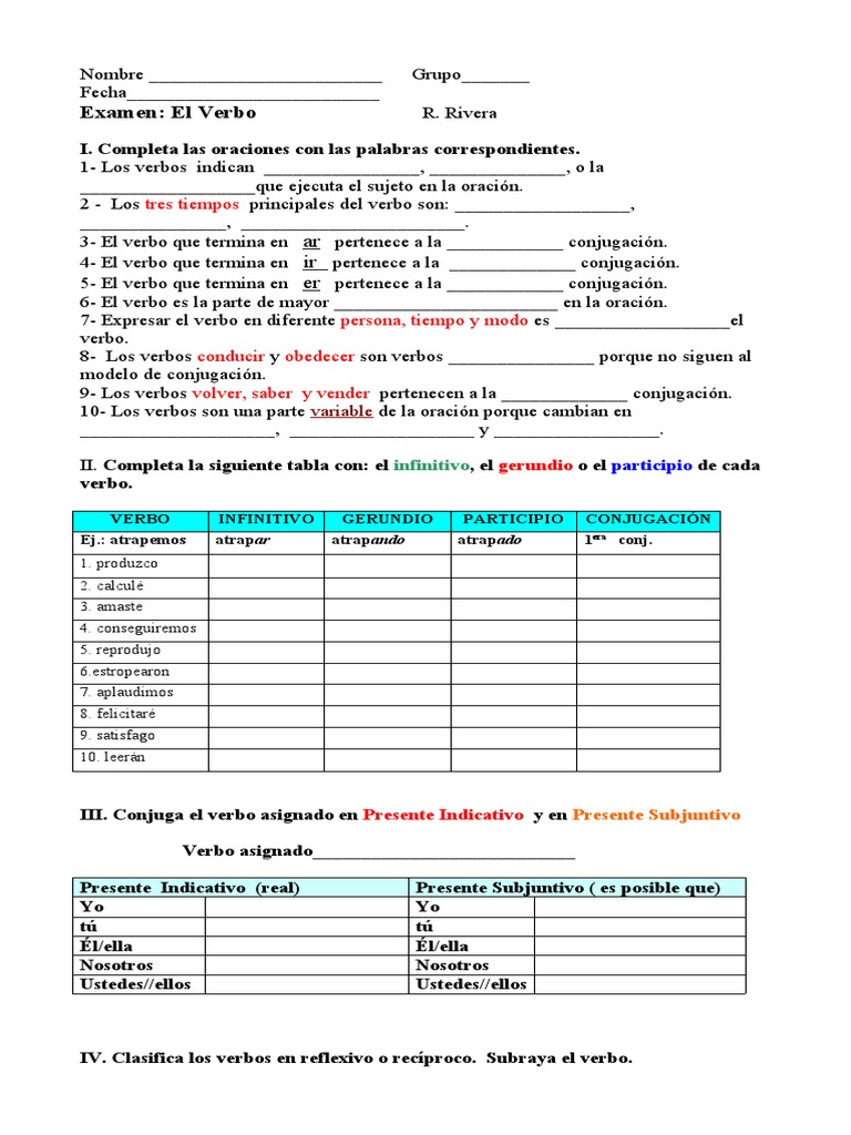 Examen de Verbos para Primaria | PDF | Conjugación gramatical | Verbo