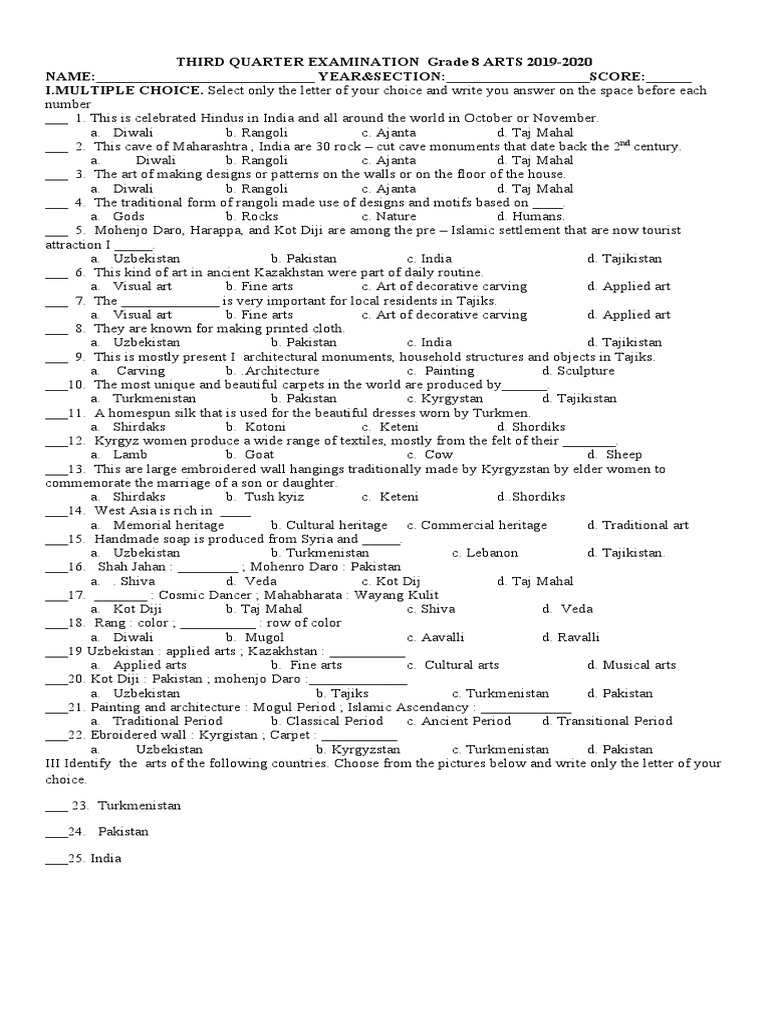 MAPEH ARTS 8 3rd Quarter 2019-2020 | PDF | Tajikistan | Kyrgyzstan