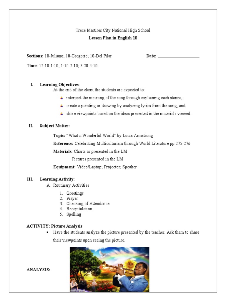 Quarter 3 Lesson 1 What A Wonderful World LP | PDF | Lesson Plan ...