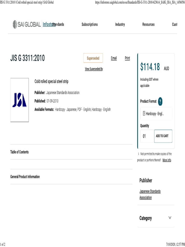 JIS G 3311 - 2010 - Cold Rolled Special Steel Strip - SAI Global | PDF