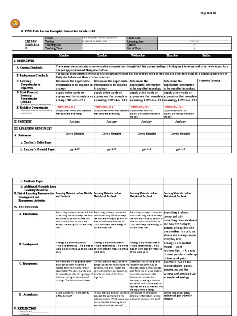B. PIVOT 4A Lesson Exemplar Format For Grades 1-10: Monday Tuesday ...