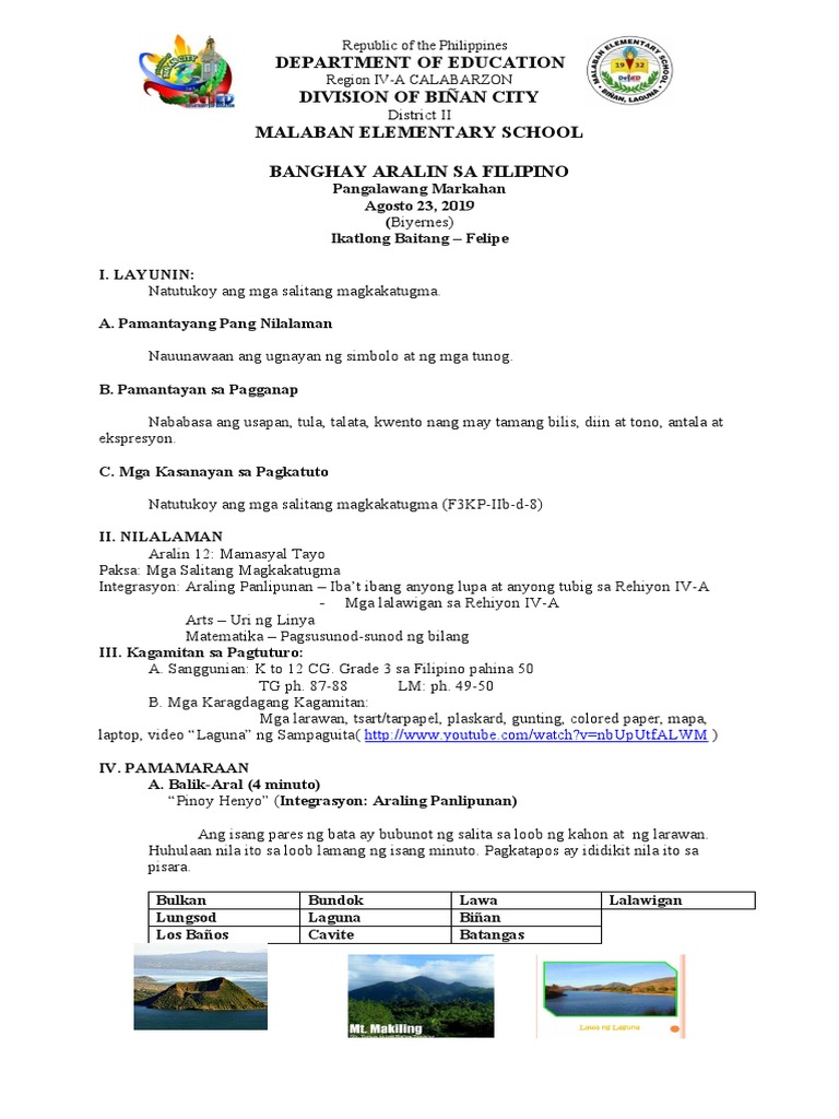 Department of Education Division of Biñan City Malaban Elementary School Banghay Aralin Sa ...
