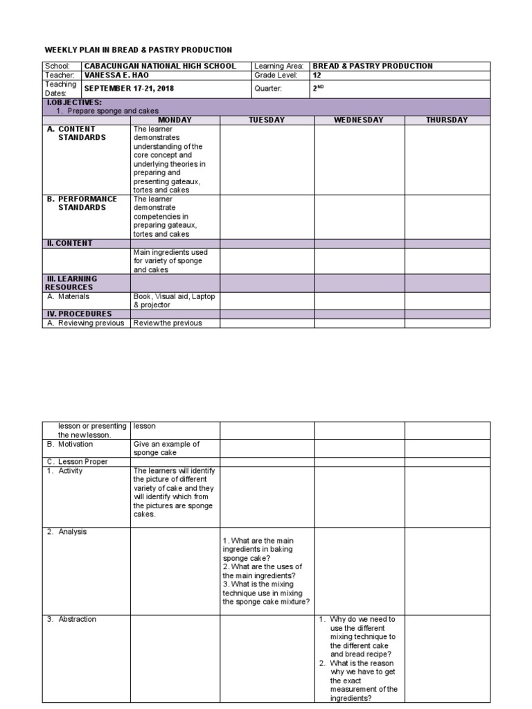 WEEKLY PLAN IN BPP 2nd Quarter | PDF | Cakes | Behavior Modification