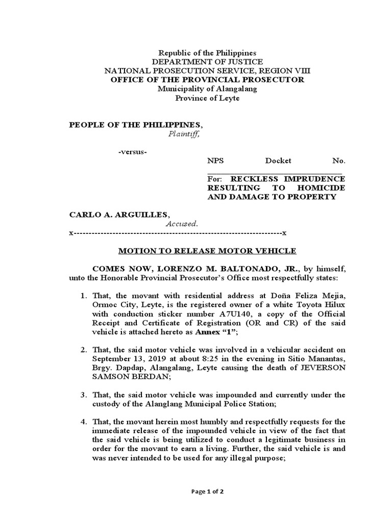 Motion To Release Vehicle | PDF | Judiciaries | Justice