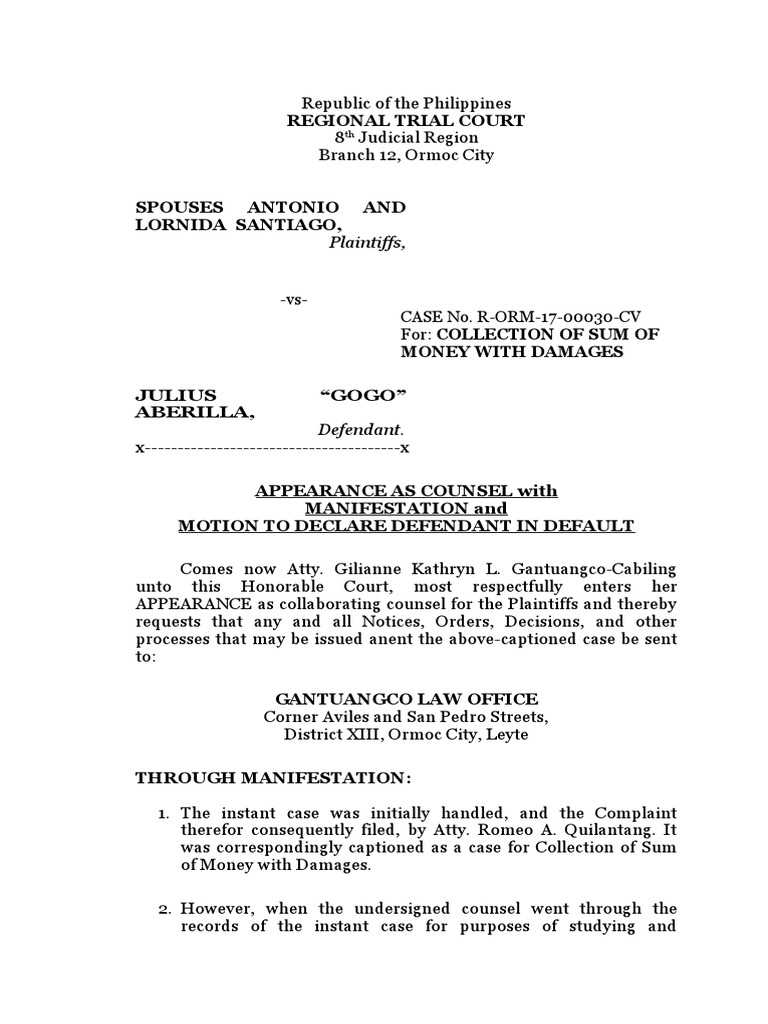 Motion to Declare Defendant in Default and Correct Case Caption in ...