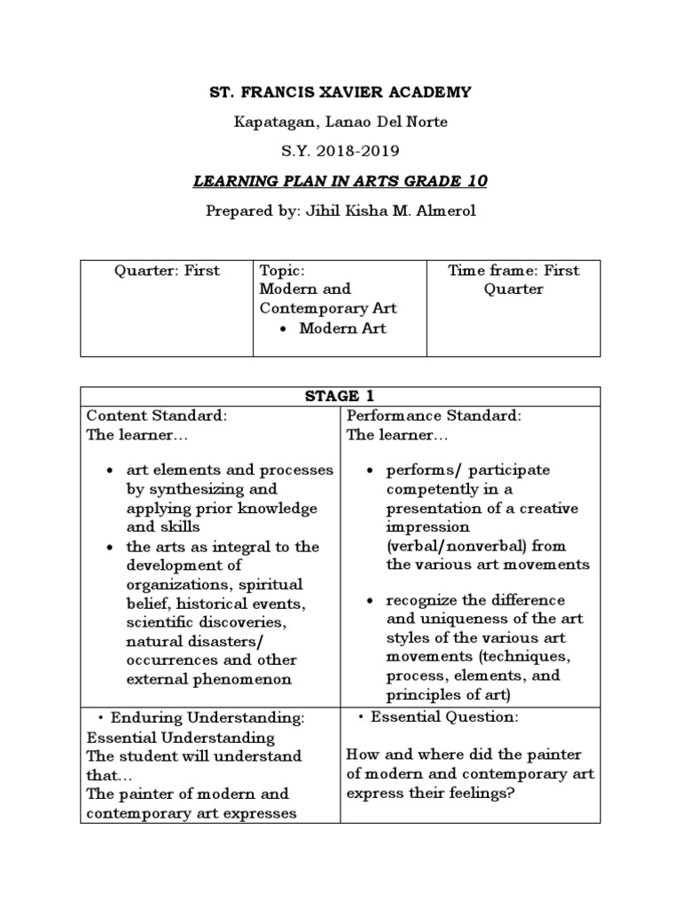 Learning Plan in Arts Grade 10: St. Francis Xavier Academy | Download ...