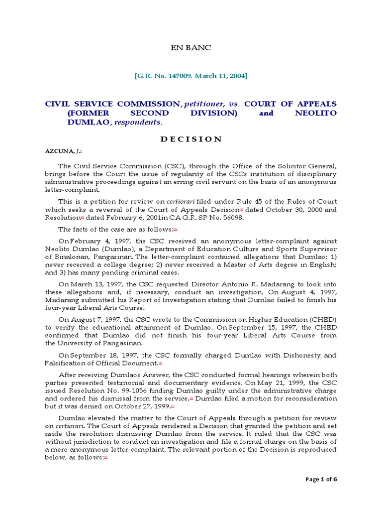 CSC vs. DUMLAO | PDF | Complaint | Court Of Appeal Of Singapore