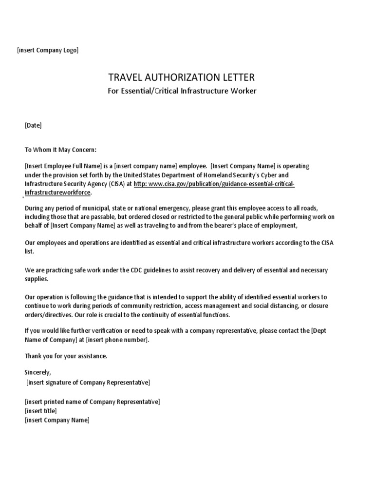 Essential Worker Travel Authorization Letter During Periods of ...