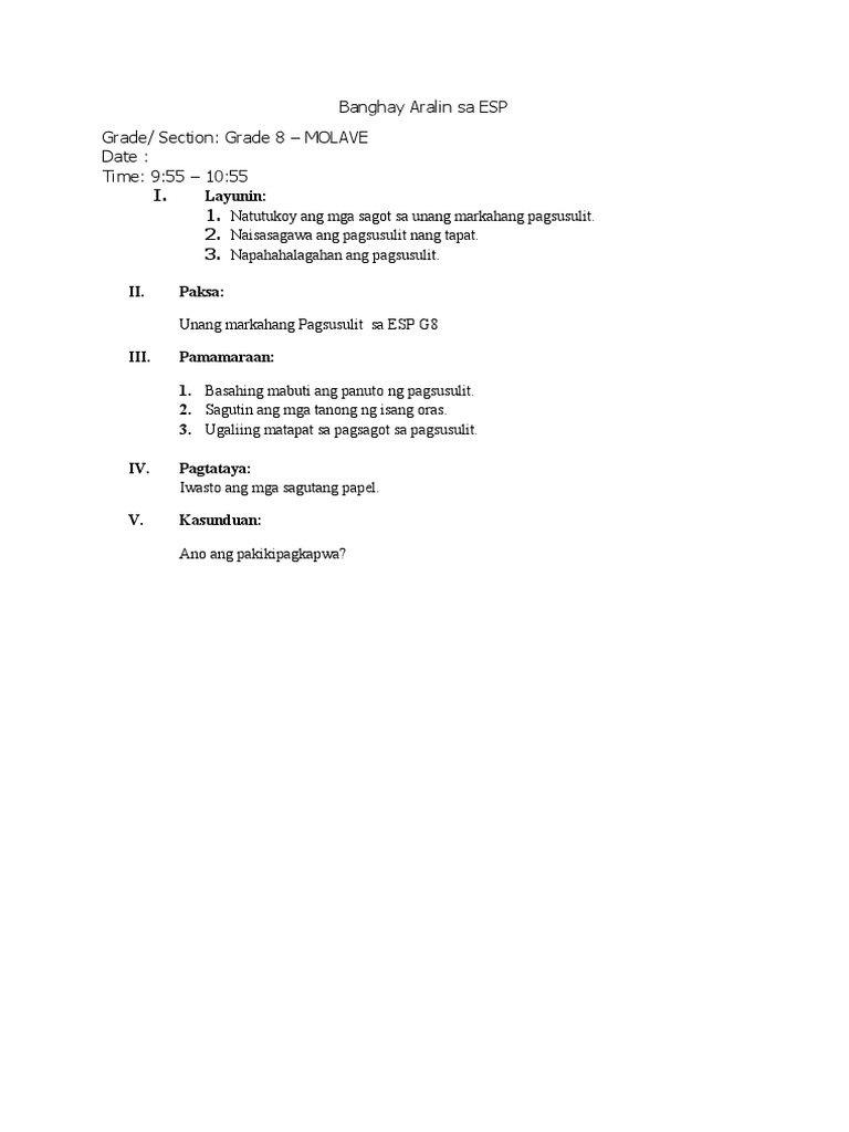 Unang Markahang Pagsusulit Sa ESP G8 | PDF