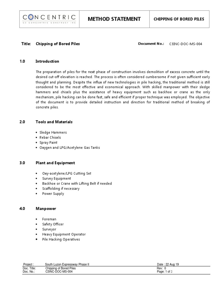 Bored Pile Chipping Method Statement | PDF | Deep Foundation | Economic ...