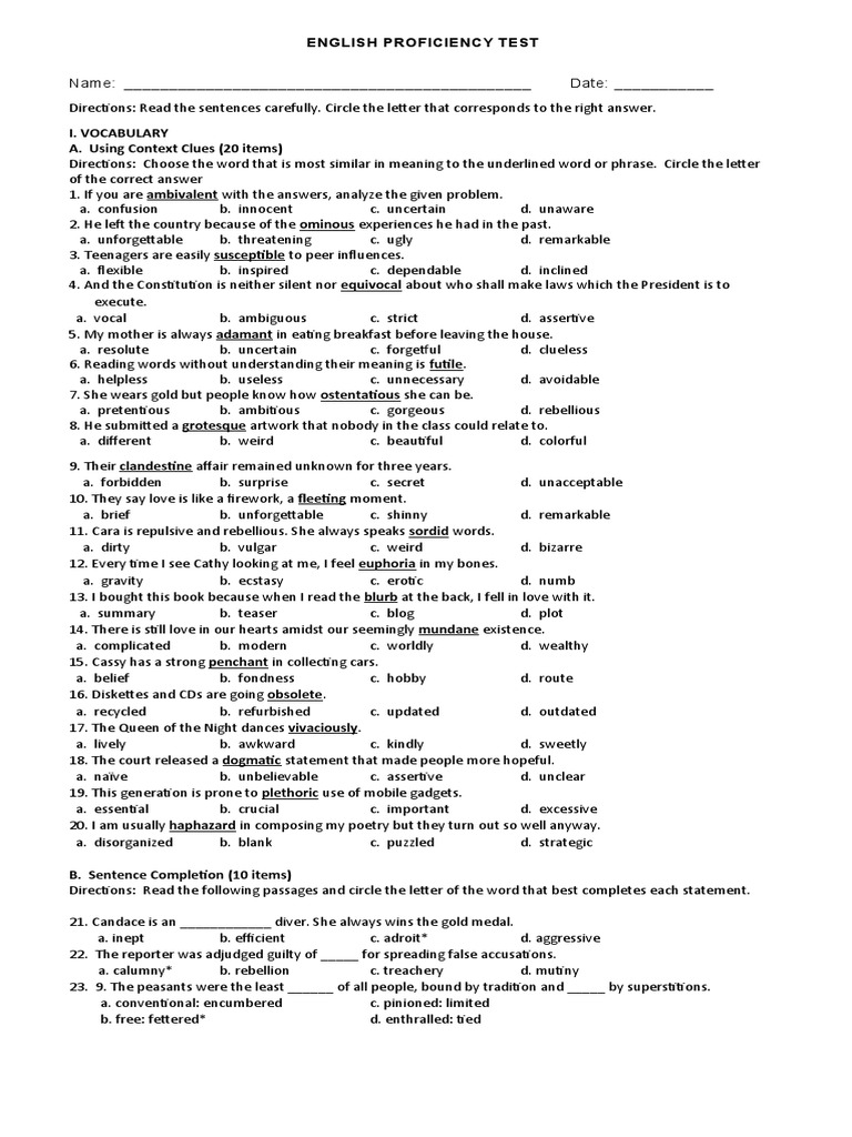 English Proficiency Test Pretest | PDF