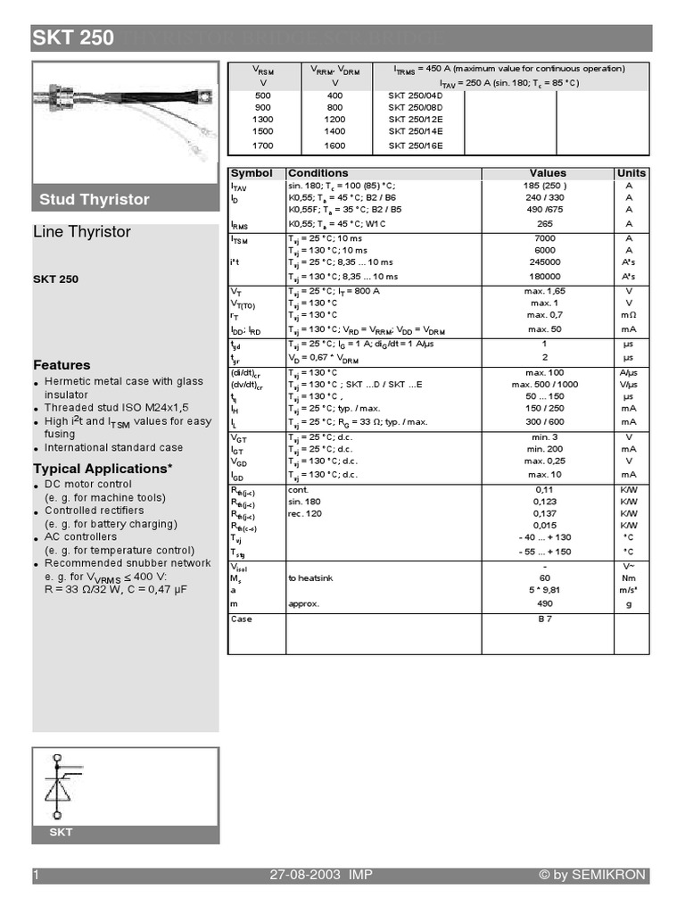 SEMIKRON DataSheet SKT 250 01239021 PDF | PDF | Components | Power Engineering