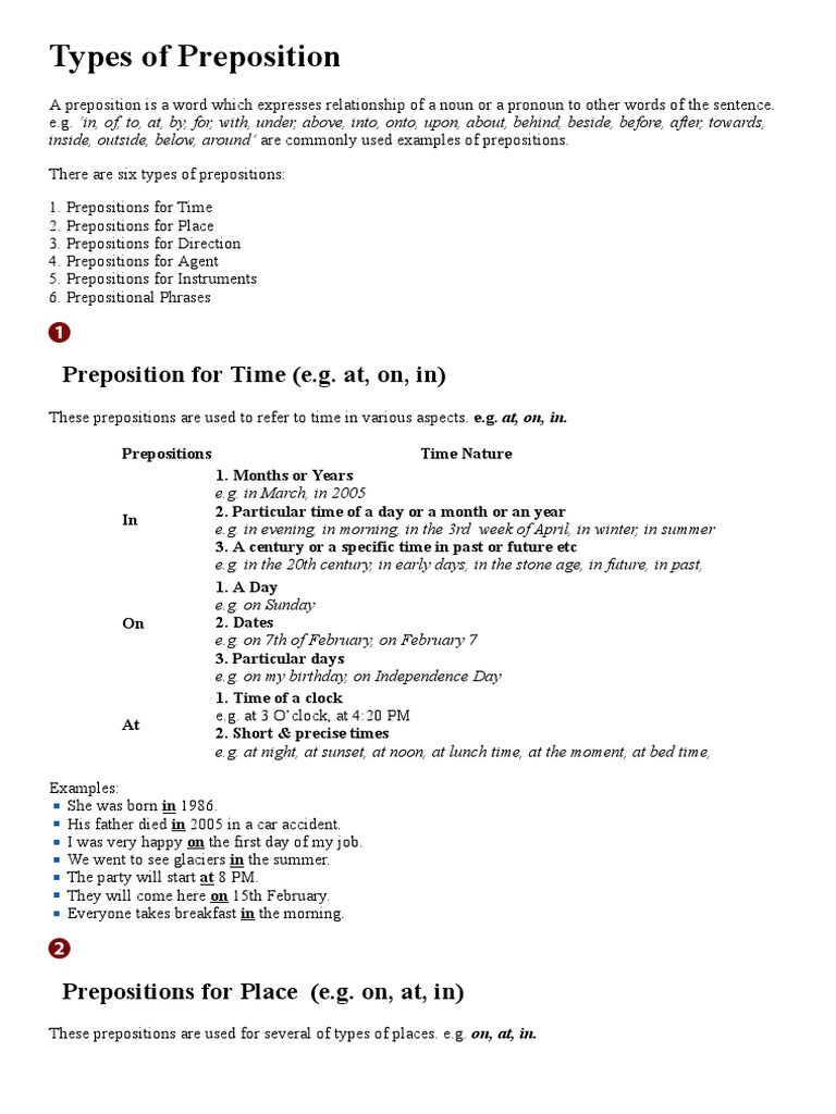 Types of Preposition: Preposition For Time (E.g. At, On, In) | PDF | Preposition And ...