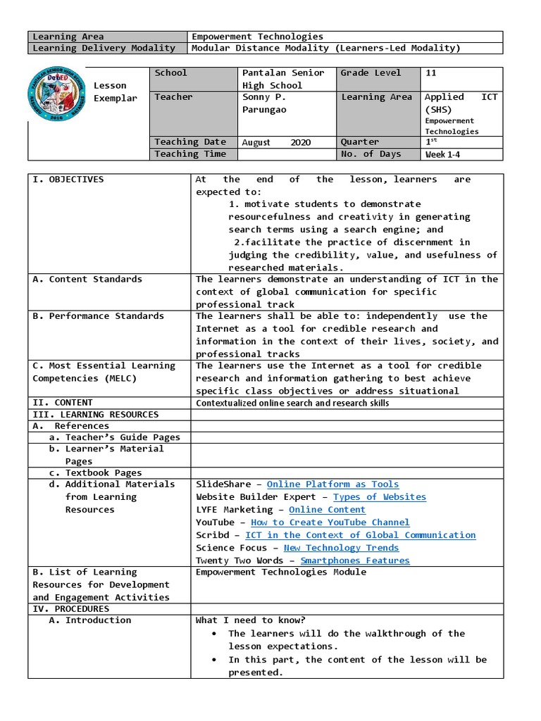 SONNY Exemplar Module Emtech | PDF | Educational Technology | Learning