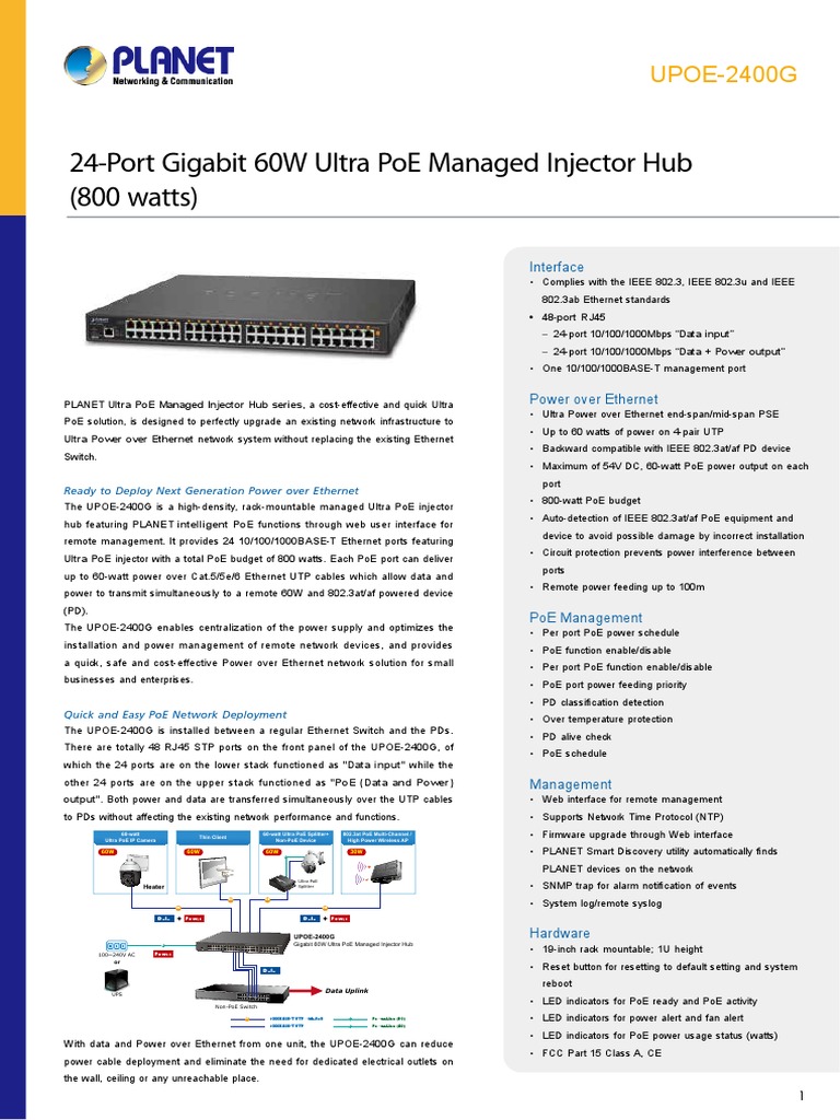 24-Port Gigabit 60W Ultra Poe Managed Injector Hub (800 Watts) | PDF ...