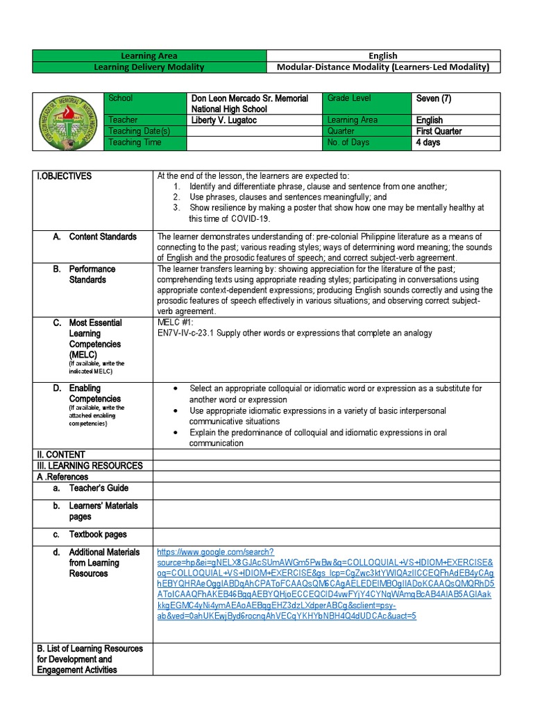 Learning Area English Learning Delivery Modality Modular-Distance ...