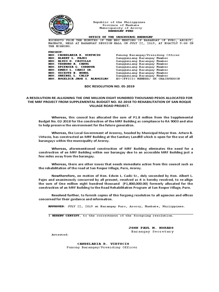 Resolution Re-Allocating Funds from the Municipal Solid Waste ...