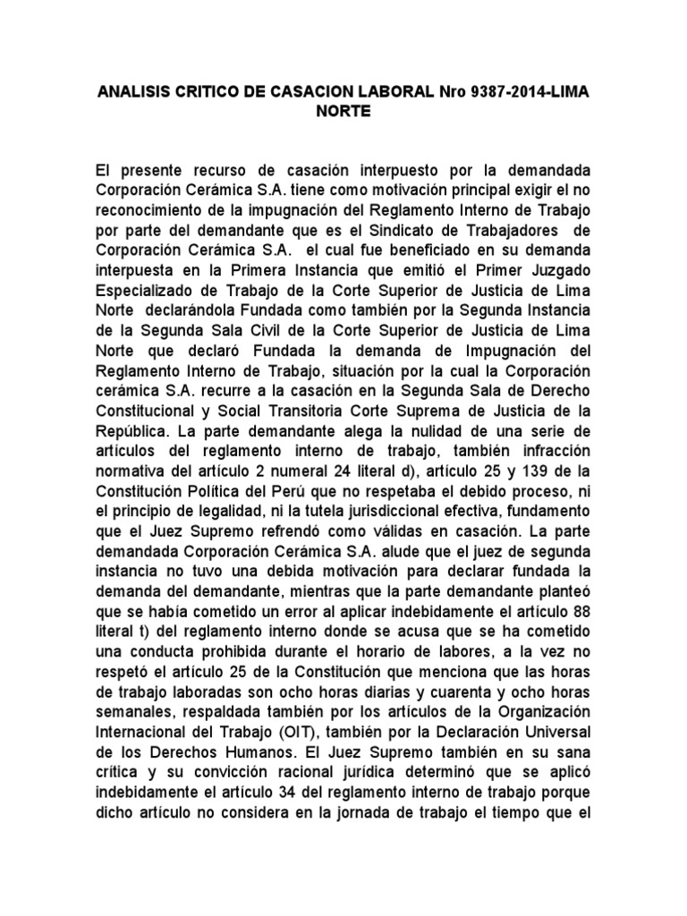Análisis y Argumentación de La Casación Laboral Nro 9387-2014 (LIMA ... Análisis y Argumentación de La Casación Laboral Nro 9387-2014 (LIMA ...