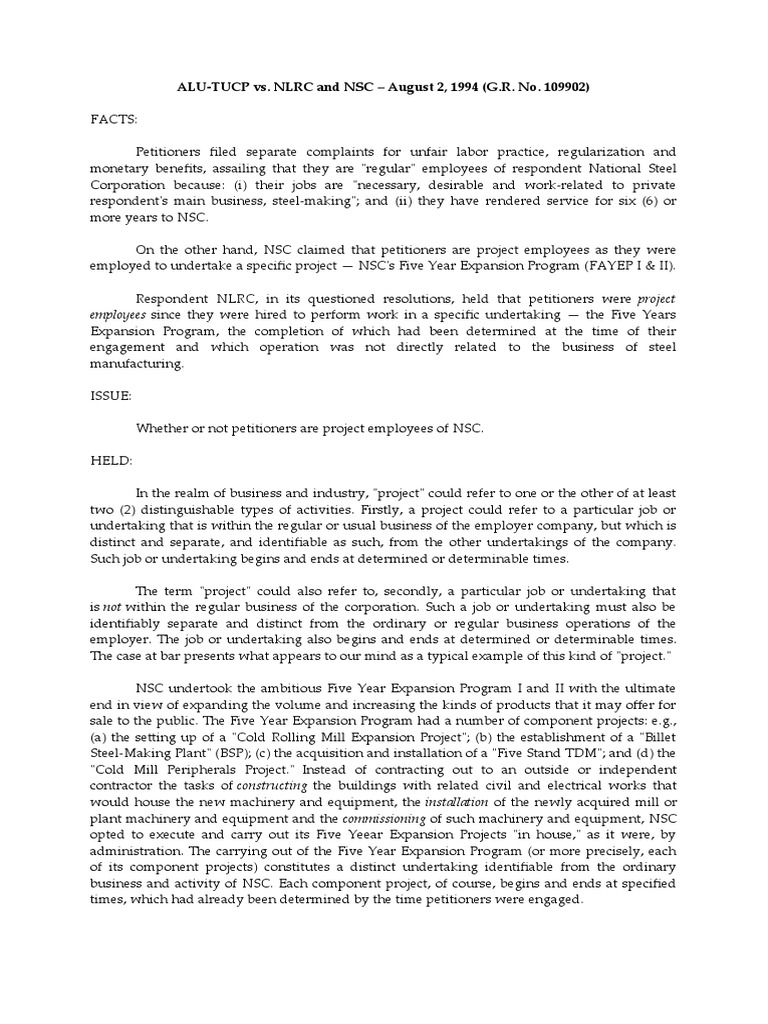 ALU-TUCP vs. NLRC and NSC - Project Employees Ruling | PDF | Employment ...