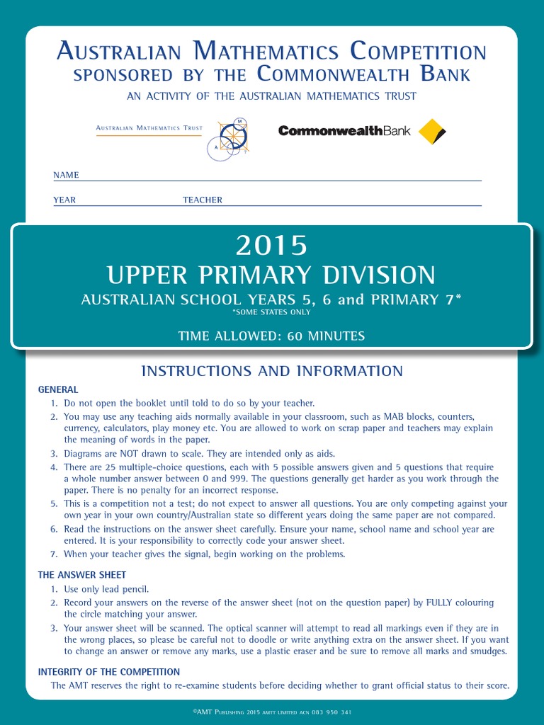 AMC Upper Primary 2015 | PDF | Teaching Mathematics