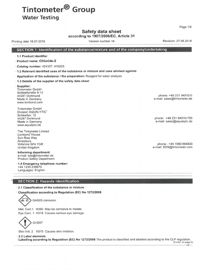 MSDS Chloride-2 | PDF