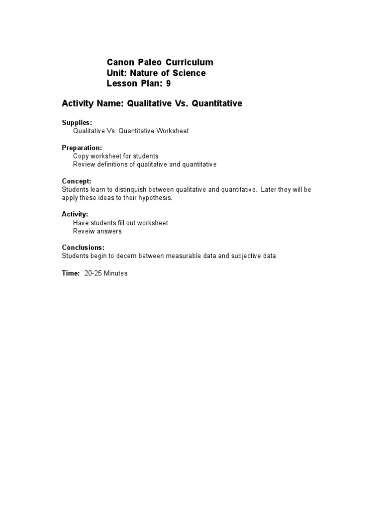 Canon Paleo Curriculum Unit: Nature of Science Lesson Plan: 9 Activity ...