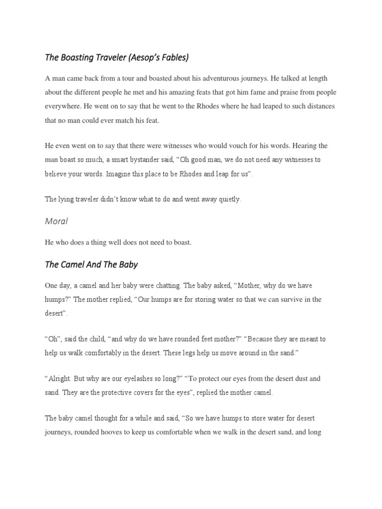 The Boasting Traveler (Aesop's Fables) The Camel and The Baby PDF | PDF