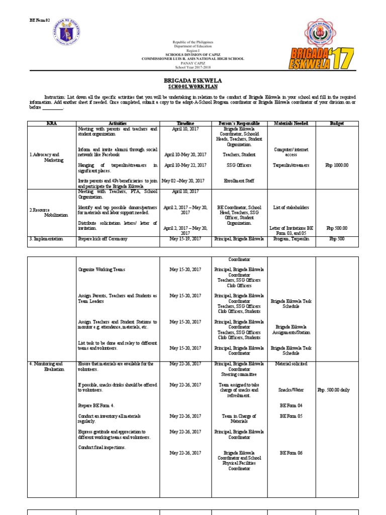 Brigada Eskwela: School Work Plan | Download Free PDF | Business