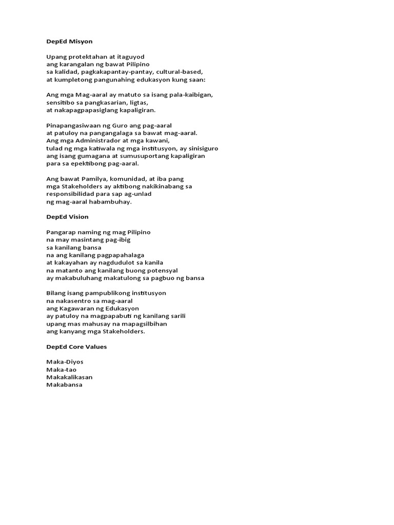 DepEd Misyon, Visyon, Core Values | PDF