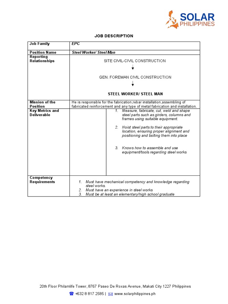 Steel Worker Job Description | PDF | Technology & Engineering