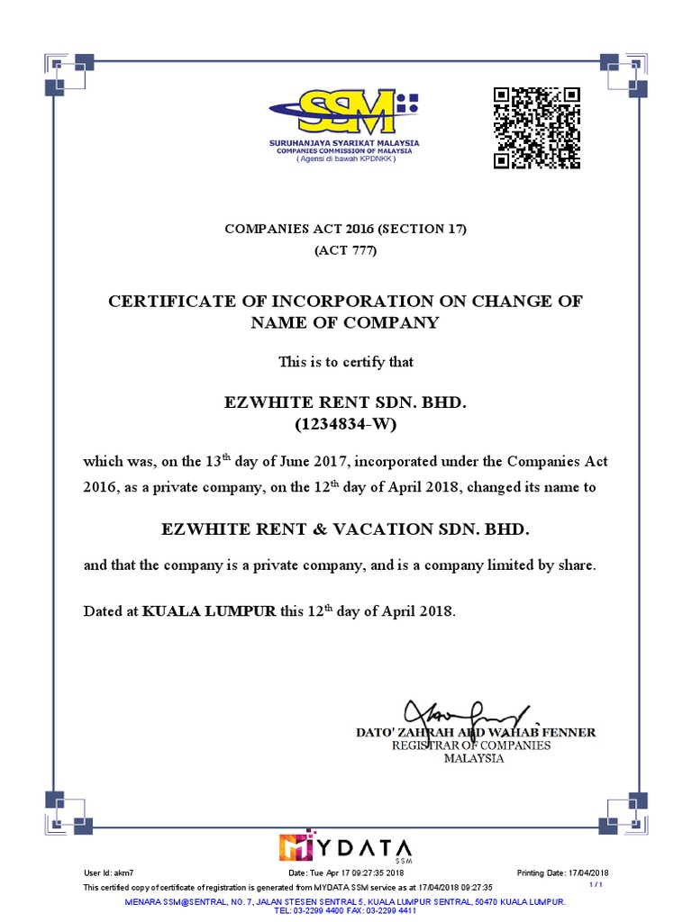 Certificate of Incorporation On Change of Name of Company: Companies ...