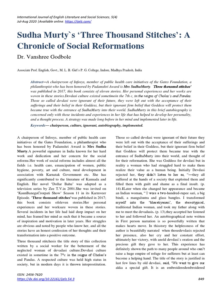 Sudha Murty's Three Thousand Stitches': A Chronicle of Social ...