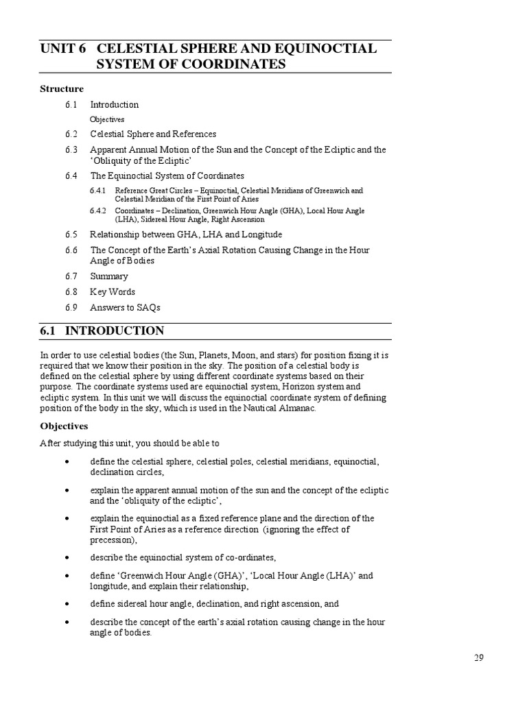 Celestial Sphere and Equinoctial System of Coordinates | PDF ...