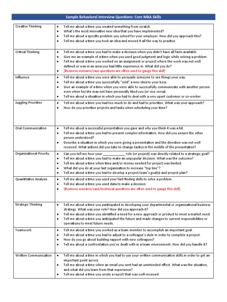 Sample Behavioral Interview Questions: Core MBA Skills | PDF | Social ...