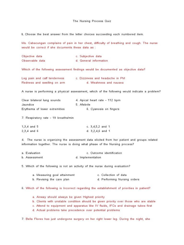 Nursing Process Quiz and MCQs | PDF | Medical Diagnosis | Nursing