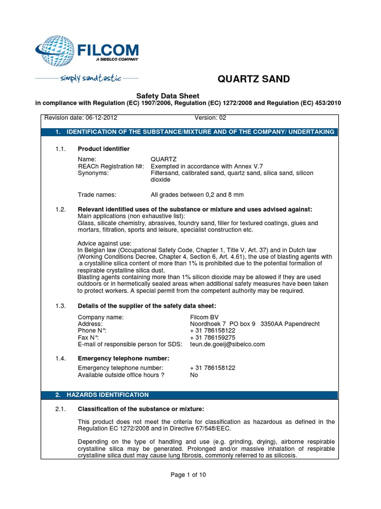 Quartz Sand: Safety Data Sheet | PDF | Silicon Dioxide | Occupational ...