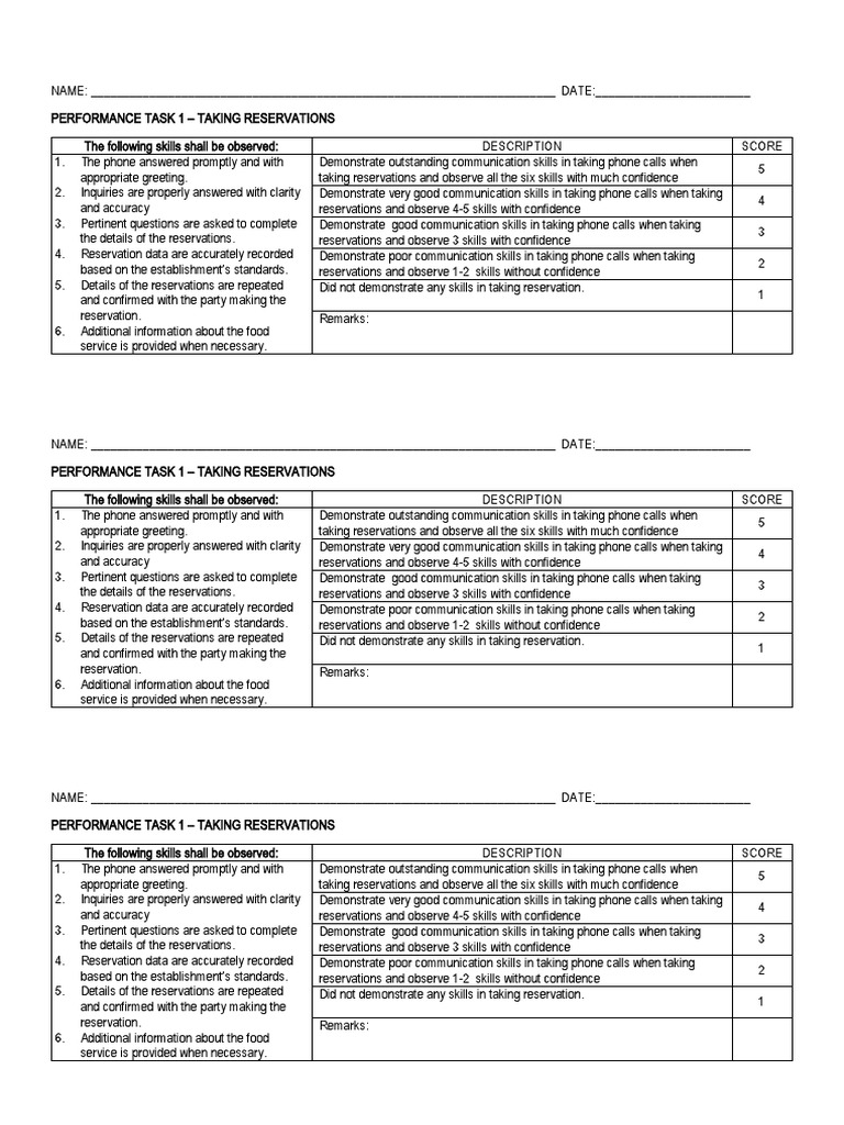 Performance Task On Taking Reservation Rubric FBS | PDF | Cognition ...