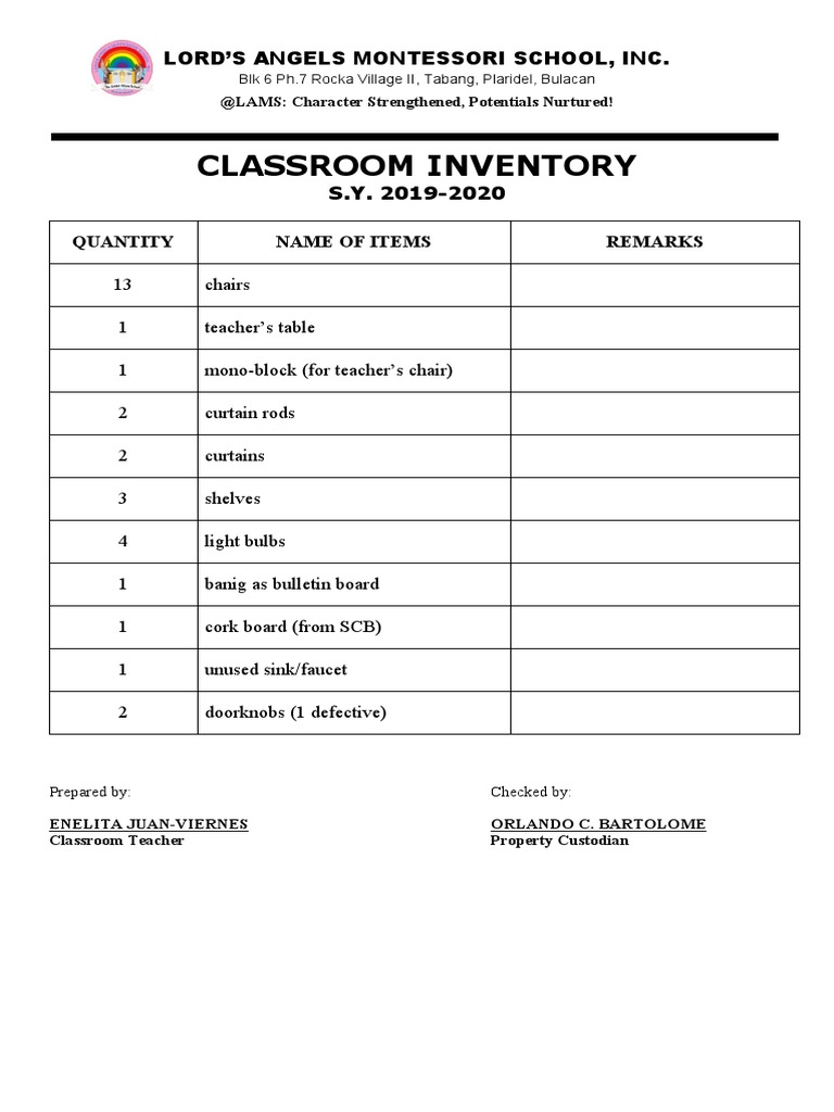 Classroom Inventory: Lord'S Angels Montessori School, Inc | PDF