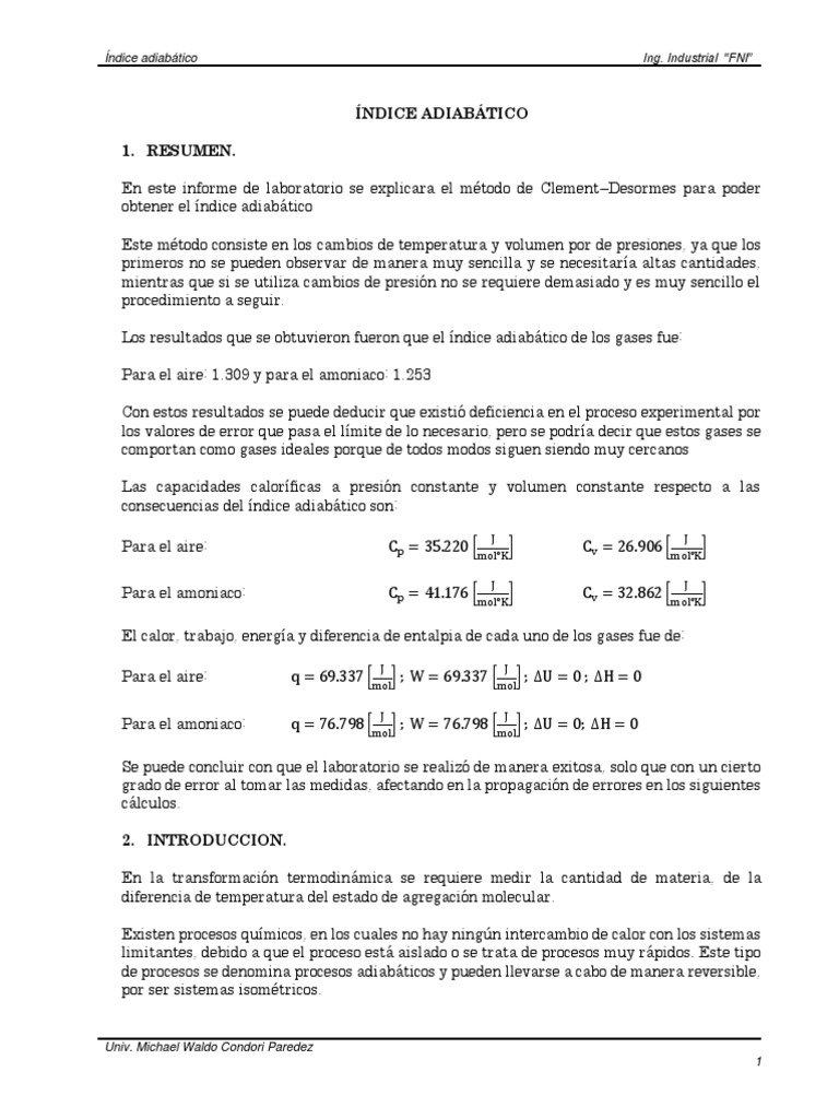 Índice Adiabático Fisicoquímica Pdf Gases Termodinámica