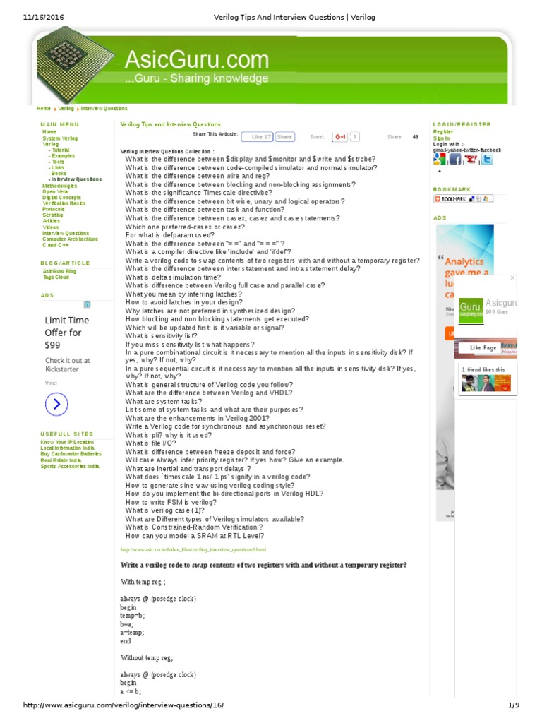 Limit Time Oerfor 99 Verilog Tips And Interview Questions Download Free Pdf Vhdl