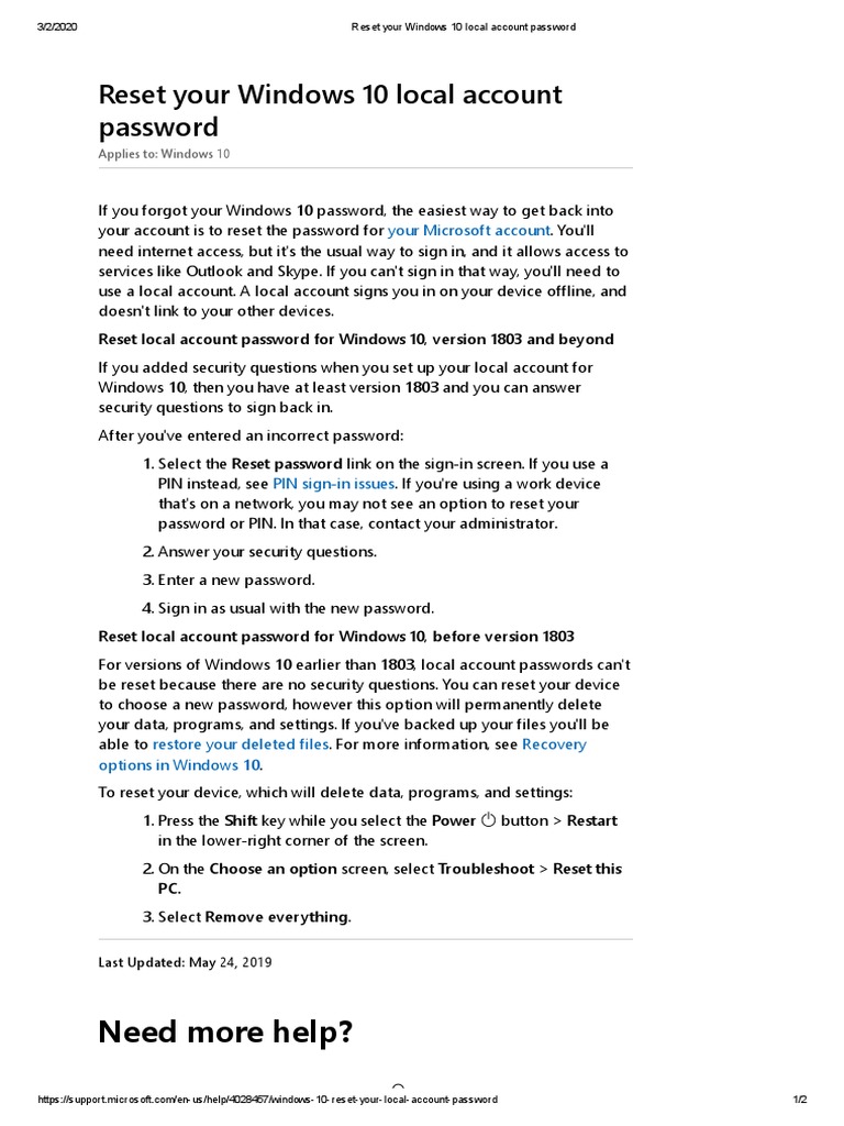 Reset Your Windows 10 Local Account Password | PDF | Windows 10 | Password