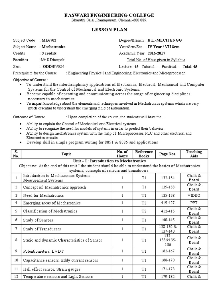 Easwari Engineering College Lesson Plan: Introduction To Mechatronics | PDF | Mechatronics ...