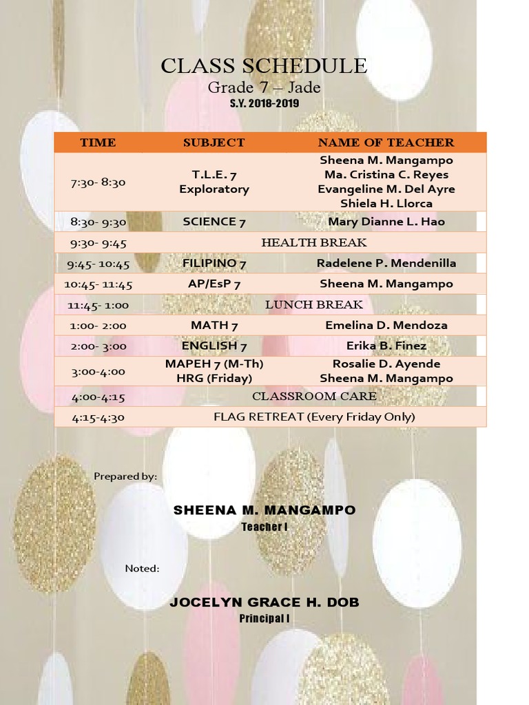 Class Schedule: Grade 7 - Jade | PDF